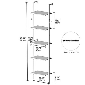 Tohomeor Industrial Bookshelf Wall Mounted 5-Tiers Ladder Shelf Wooden and Metal Narrow Thin Bookshelf Open Display Storage Rack for Living Room Bedroom Home Office (White, Narrow)