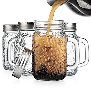 Glaver's Mason Jar Cups 16Oz – Set of 4 Mason Jars with Lids and Handles – Hammered Style Large Mason Cups for Parties, Dinner, Home, Lemonade, Smoothies, Cocktails, Drinks - Dishwasher Safe.