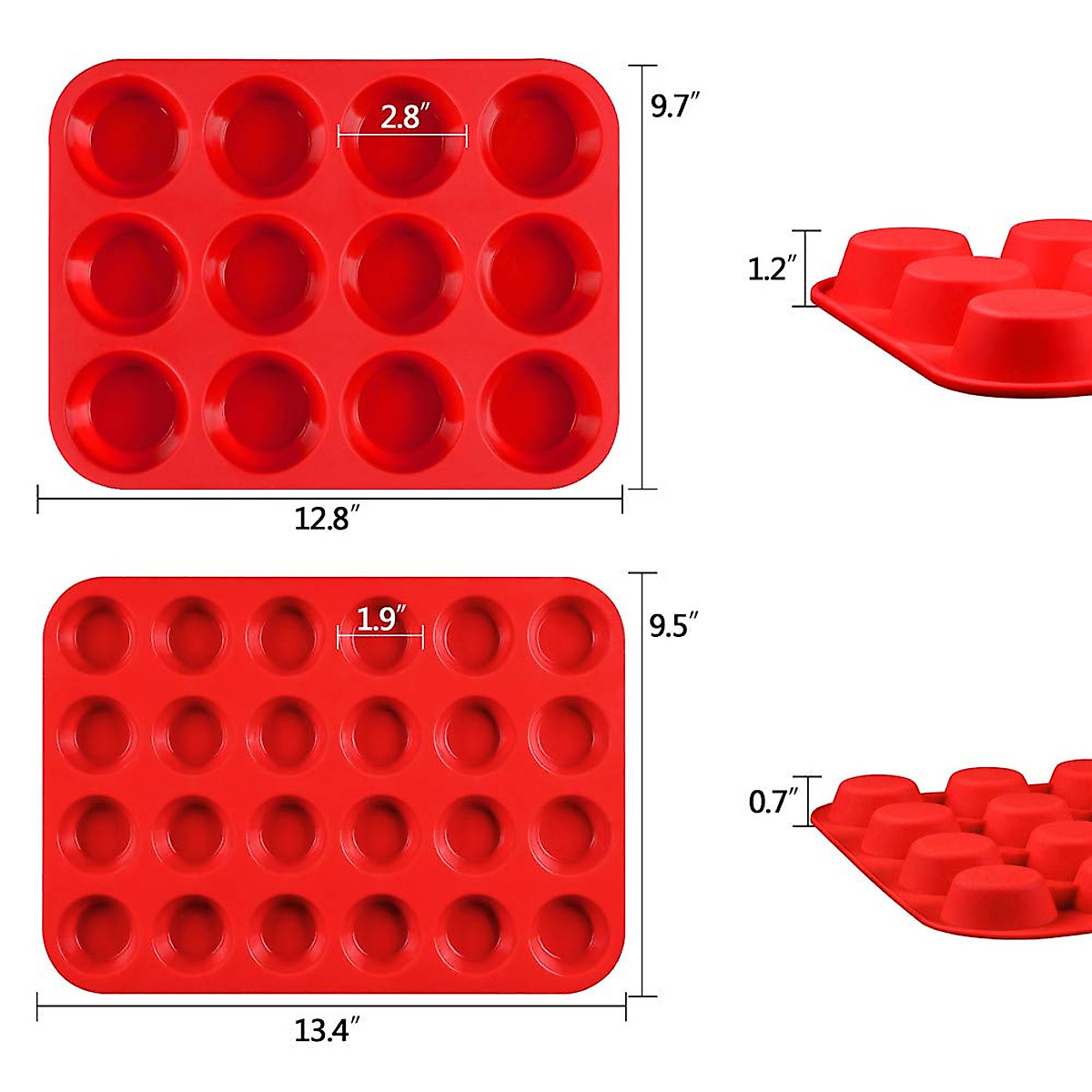 SJ European LFGB Silicone Muffin Pan Baking Trays, 2-Pack, 12-Cup & 24-Cup Cupcake Pans Silicone Baking Molds, Red, Non-Stick & BPA Free