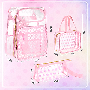 Sanwuta 3 Pcs Clear Backpack for Girls Pink Dots See Through Transparent Backpack Set Heavy Duty School Stadium Approved Book Bag with Lunch Pouch and Pencil Pouch for Kids Girls Boys