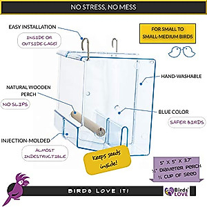 Birds LOVE Bird Feeder Seed Catcher Tray Hanging Cup Food Dish for Parrot Cage for Small Birds Lovebirds Cockatiels Canaries Sun Conures Blue