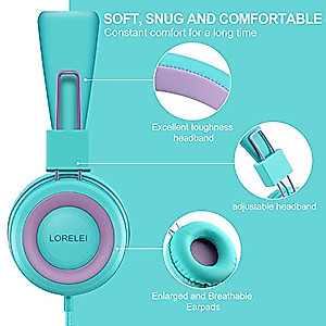 LORELEI X2 On-Ear Kids Headphones with Microphone, Lightweight Folding Stereo Bass Headphones with 1.5m Cord, Portable Wired Headphones for School Trip Airplane(Mint)