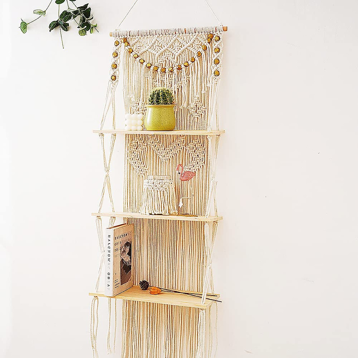 Macrame Wall Hanging Shelf with Enhanced Solid Wood Shelves and Handmade Macrame to Organize Plants and Decor — 3 Tier Macrame Shelf Wall Hanging Bohemian Decorative Shelves for Kitchen,Home Storage