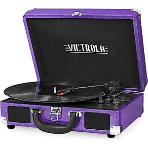 Victrola Vintage 3-Speed Bluetooth Portable Suitcase Record Player with Built-in Speakers | Upgraded Turntable Audio Sound|Purple Glitter, Model Number: VSC-550BT-GPR