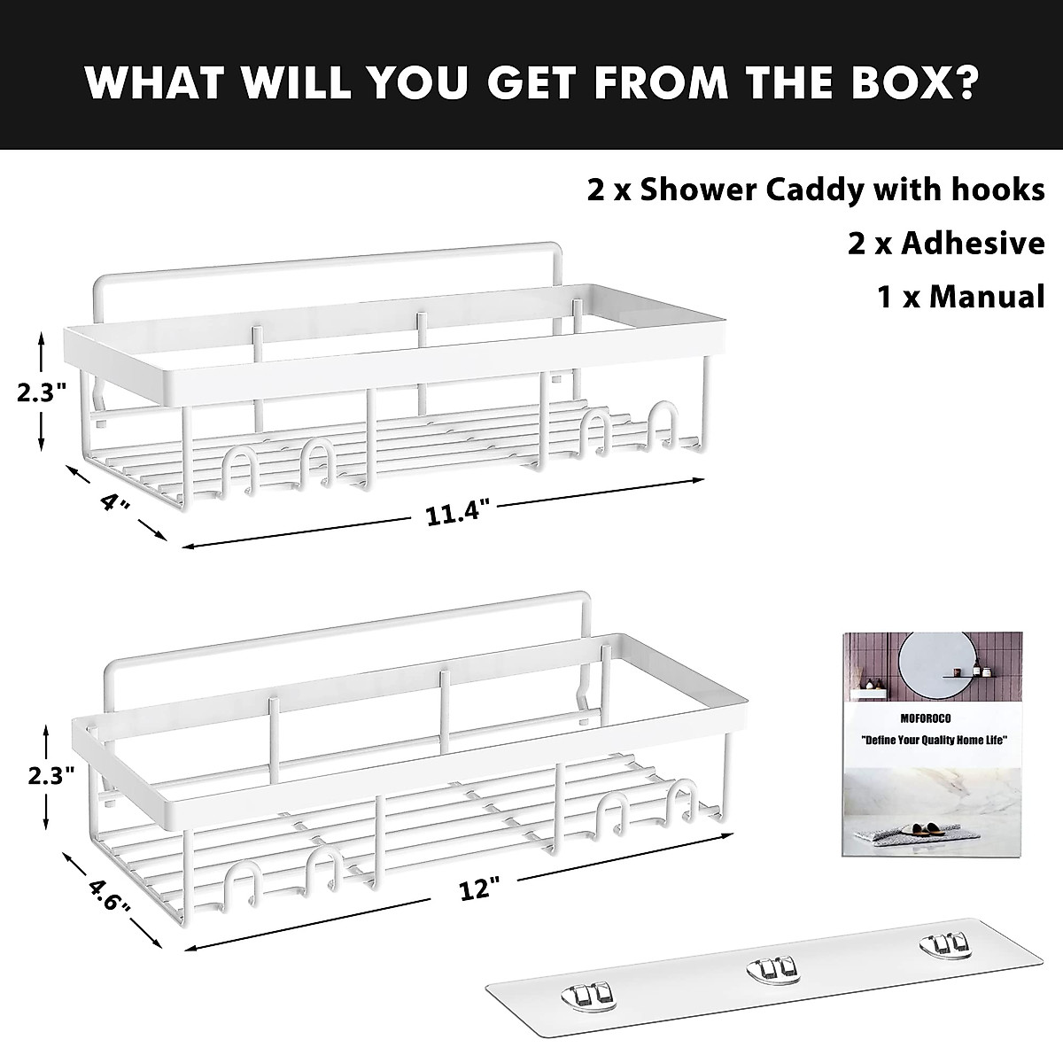 Moforoco Shower Caddy Shelf Organizer Rack, Self Adhesive Black Bathroom Shelves Basket, Home Farmhouse Wall Inside Organization and Storage Decor Rv Accessories, First Camper Apartment Essentials