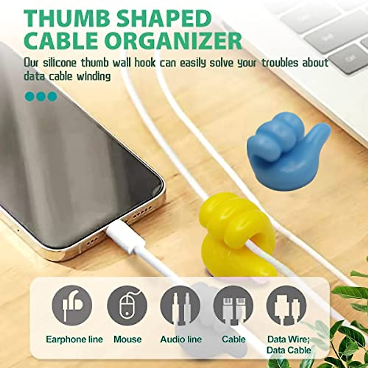 MYPLAISIR Key Hooks for Wall, 24Pack Adhesive Cable Clips, Desk Cable Management Clips Desk Cable Organizer Thumbs up Wall Hooks for Hanging Computer Cable Management Kit Multicolour Mixed