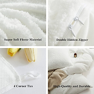 CinYana Sherpa Fleece Duvet Cover Set 5 Piece Double-Sided Luxurious Plush Comforter Covers Set Super Soft Reversible Fuzzy Plush Warm Bedding Sets (White, Queen)