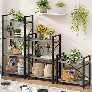 BON AUGURE Industrial 4 Tier Bookshelf, Modern Open Etagere Bookcase, Wood Metal Book Shelves for Living Room, Bedroom and Office (Dark Gray Oak)