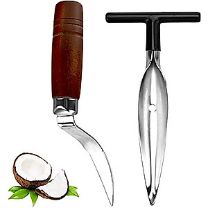 2 PCS Coconut Opener Tool Set Coconut Meat Remover Stainless Steel Coconut Opener Scraper Knife Coconut Punch Tool with Durable Non-Slip Wooden Handle Scraper