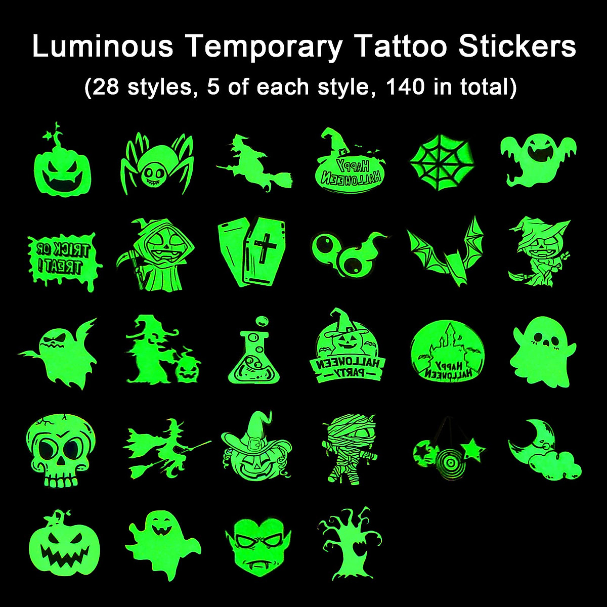 Halloween Temporary Tattoos for Kids, Waterproof Fake Tattoos Stickers, Glow in Dark Tattoos, 140 PCS Halloween Pumpkin Ghost Devil Skull Vampire, Luminous Tattoo Sticker for Halloween Party Supplies