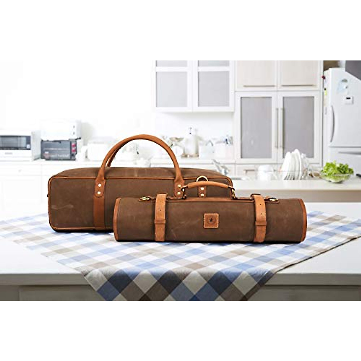 Aaron Leather Goods Leather Knife Roll With Storage Bag, Elastic and Expandable 10 Pockets, Adjustable/Detachable Shoulder Strap, Travel-Friendly Chef Knife Case (Green, Canvas)