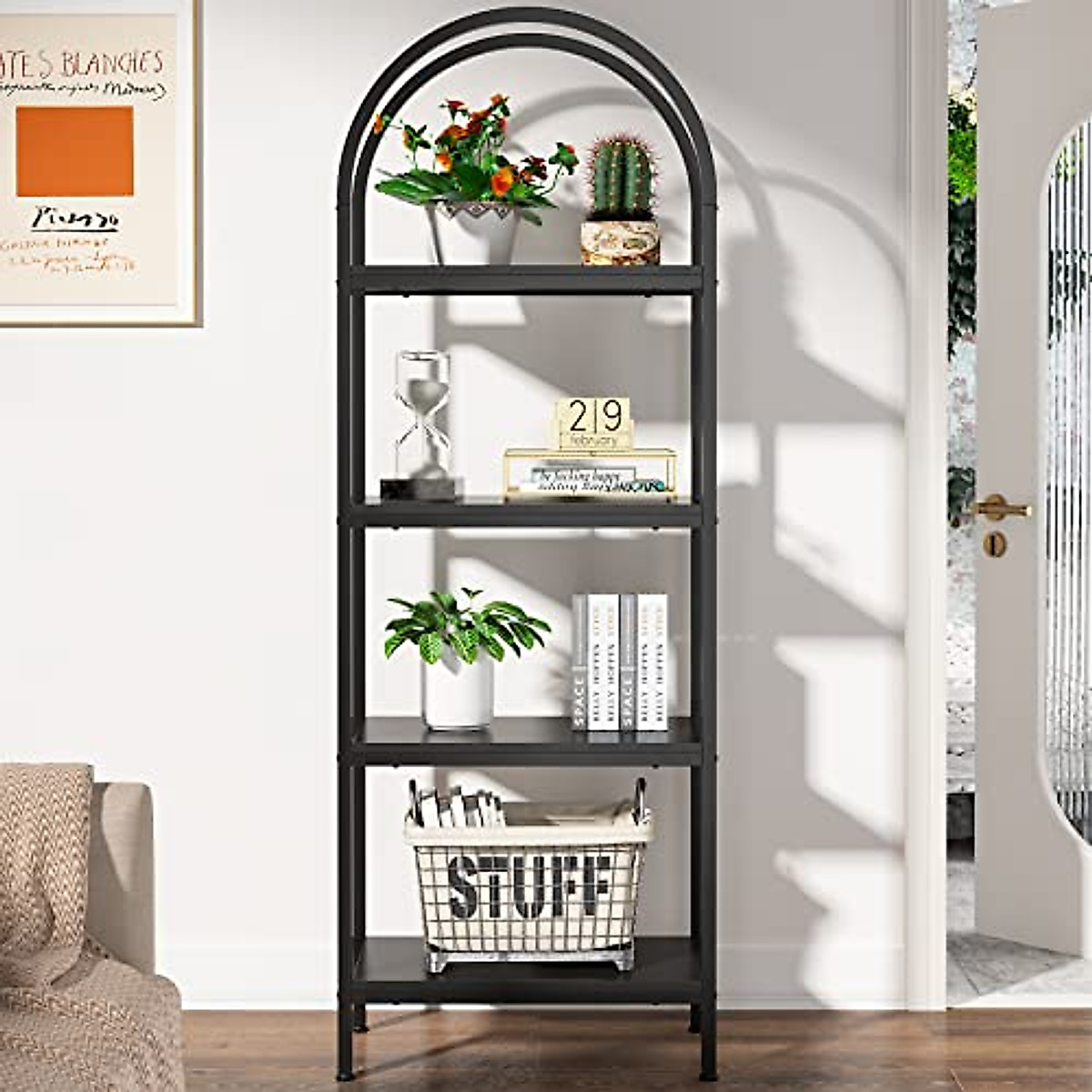 LITTLE TREE 4-Tier Arched Bookshelf, Tall Open Bookcase Storage Shelves, Wood Metal Freestanding Display Rack Tall Shelving Unit for Home Office, Bedroom, Living Room, Industrial Black