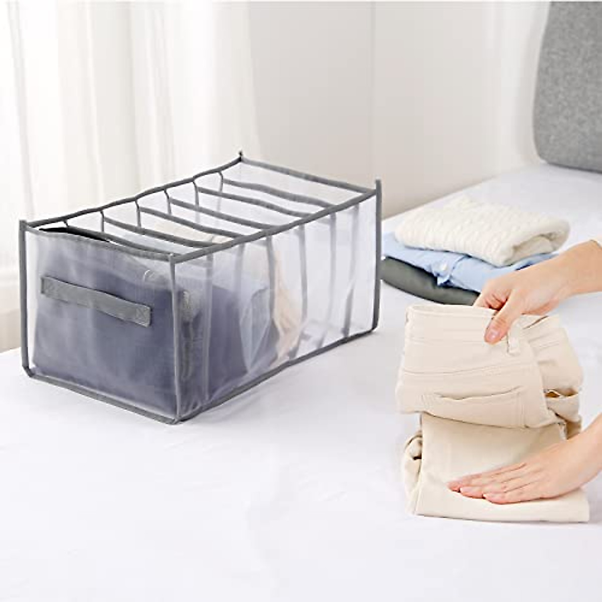 2PCS Washable Wardrobe Clothes Organizer, 7 Grids Foldable Visible Clothes Compartment Storage Box Closet Drawer Organizer Mesh Separation Box for T-shirt, Skirts, Legging, Jeans, Kid Clothes (Gray)