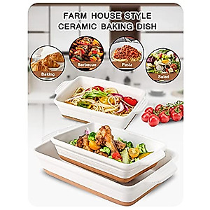 YMASINS Casserole Dishes for Oven, Ceramic Baking Dish Set of 3 Deep Lasagna Pans Large Ceramic Baking Pan with Handles from Oven to Table Rectangular Casserole Dish Set Easy to Clean, White