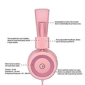 Kids Headphones-noot products K11 Foldable Stereo Tangle-Free 5ft Long Cord 3.5mm Jack Plug in Wired On-Ear Headset for iPad/Amazon Kindle,Fire/Girls/Boys/School/Laptop/Travel/Plane/Tablet-Soft Pink