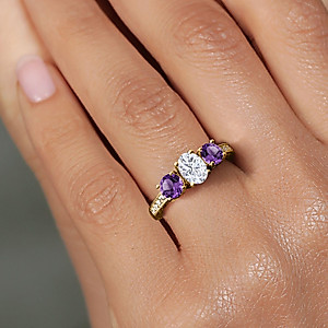 18K Yellow Gold Plated Silver 3-Stone Ring Forever Brilliant Oval 1.97cttw Moissanite by Charles & Colvard and Amethyst (Size 7)