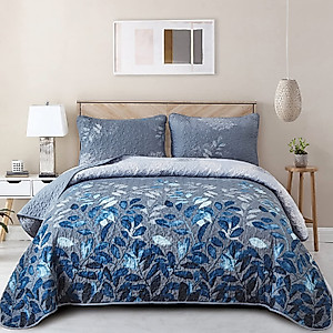 WONGS BEDDING Blue Floral Quilt Set California King, 3 Pieces Botancal Leaves Bedspread Coverlet Set with 2 Pillowcases for All Season, Soft Microfiber Floral Bedding Set 106"×96"