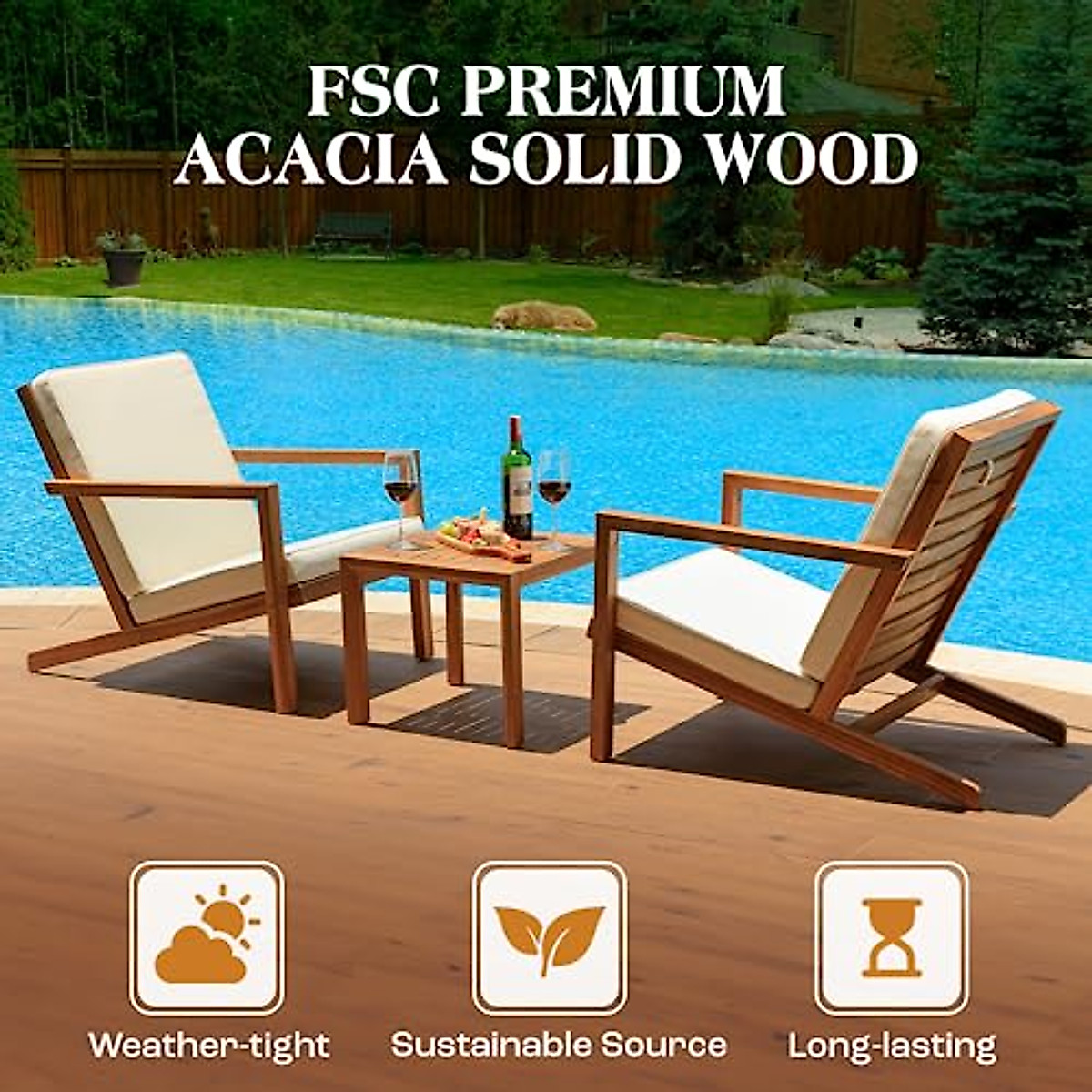 IDZO Natural 3-Piece Patio Bistro Sets with Foldable 400lbs Weight Endurance Chairs, a 220lbs Shelf Table, Made from FSC-Certified Acacia Wood, Featuring Washable Cushions and an Ergonomic Design