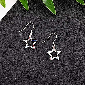 USA Flag Dangle Earrings for Women: 925 Sterling Silver American Patriotic Red White and Blue Star Drop Earrings America Independence Day 4th of July Patriotic Jewelry Gifts (Star)