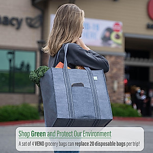 VENO 4 Pack Reusable Grocery Shopping Bag w/ Hard bottom, Foldable, Multipurpose Heavy Duty Tote, Daily Utility bag, Stands Upright, Sustainable (Set of 4, Gray)