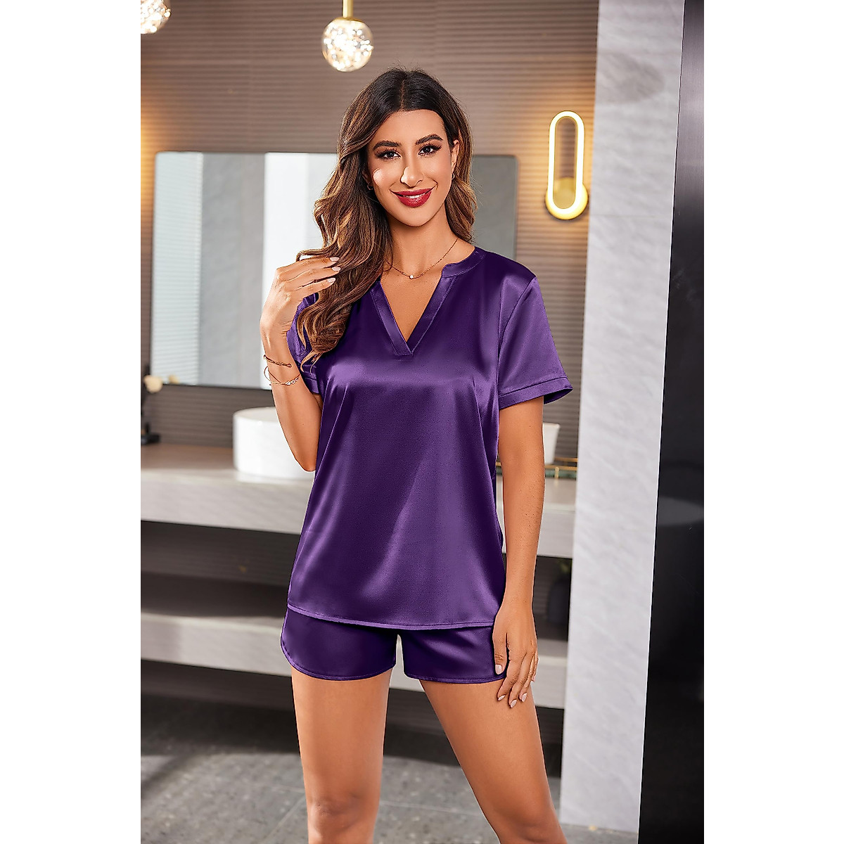 Ekouaer Silk Pajamas for Women Short Sleeve Sleepwear Two-piece Pjs Set Soft V Neck Loungewear Tops with Pj Shorts Purple X-Large