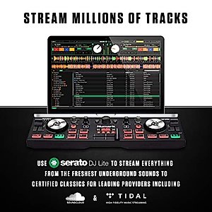 Numark DJ2GO2 Touch – Compact 2 Deck USB DJ Controller For Serato DJ with a Mixer / Crossfader, Audio Interface and Touch Capacitive Jog Wheels,Black