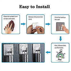 Adhesive Hooks, Silver Stainless Steel Self Adhesive Hooks Heavy Duty Waterproof Wall Hangers Without Nails Kitchen Bathroom Shower Sticky Wall Hooks for Towel Loofah Hat Key Utensils - 8 Packs