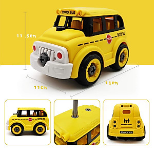 QUN FENG Take Apart Toys with Electric Drill|Remote Control Car 2 in 1 Construction Truck School Bus Taxi|Gift Toys for Boys 3,4,5,6,7 Year Olds|2.4G Stem Building Learning Toys
