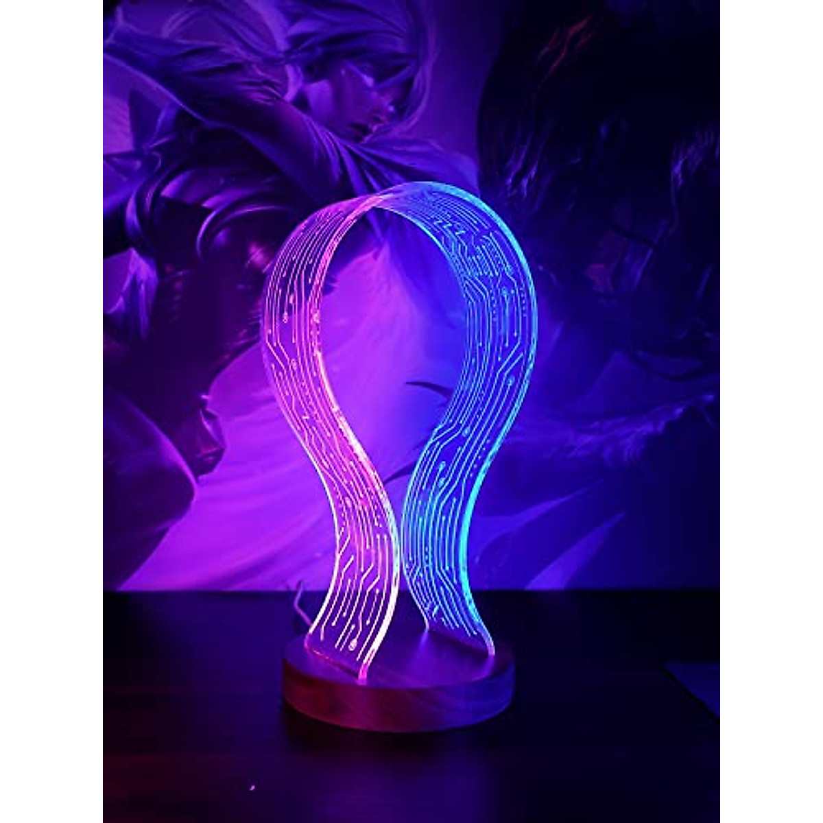 YuanDian Headphone Stand, Walnut Wood Headset Holder with Blue Pink LED Night Light for Gamers, Men, and Music Lovers - Perfect Desk Gift Idea