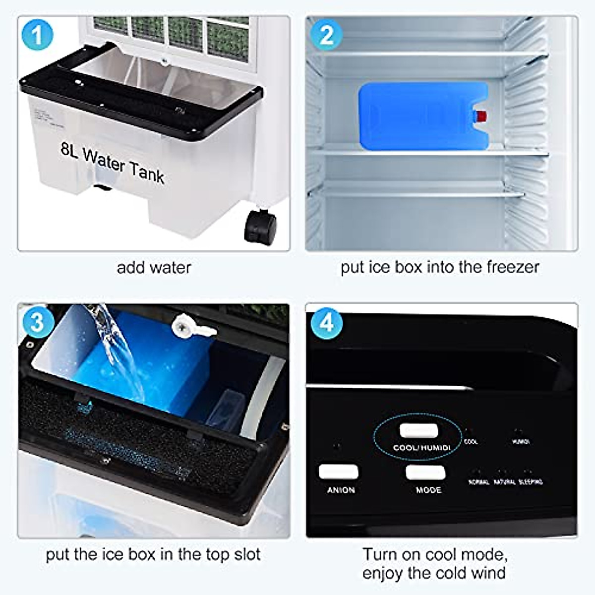 3-IN-1 Evaporative Air Cooler, Wide Oscillating Air Cooler with Humidifier, Remote Control, 2 Ice Packs & 2.1 Gallons Water Tank. Portable Tower fan for Room, Office & Home