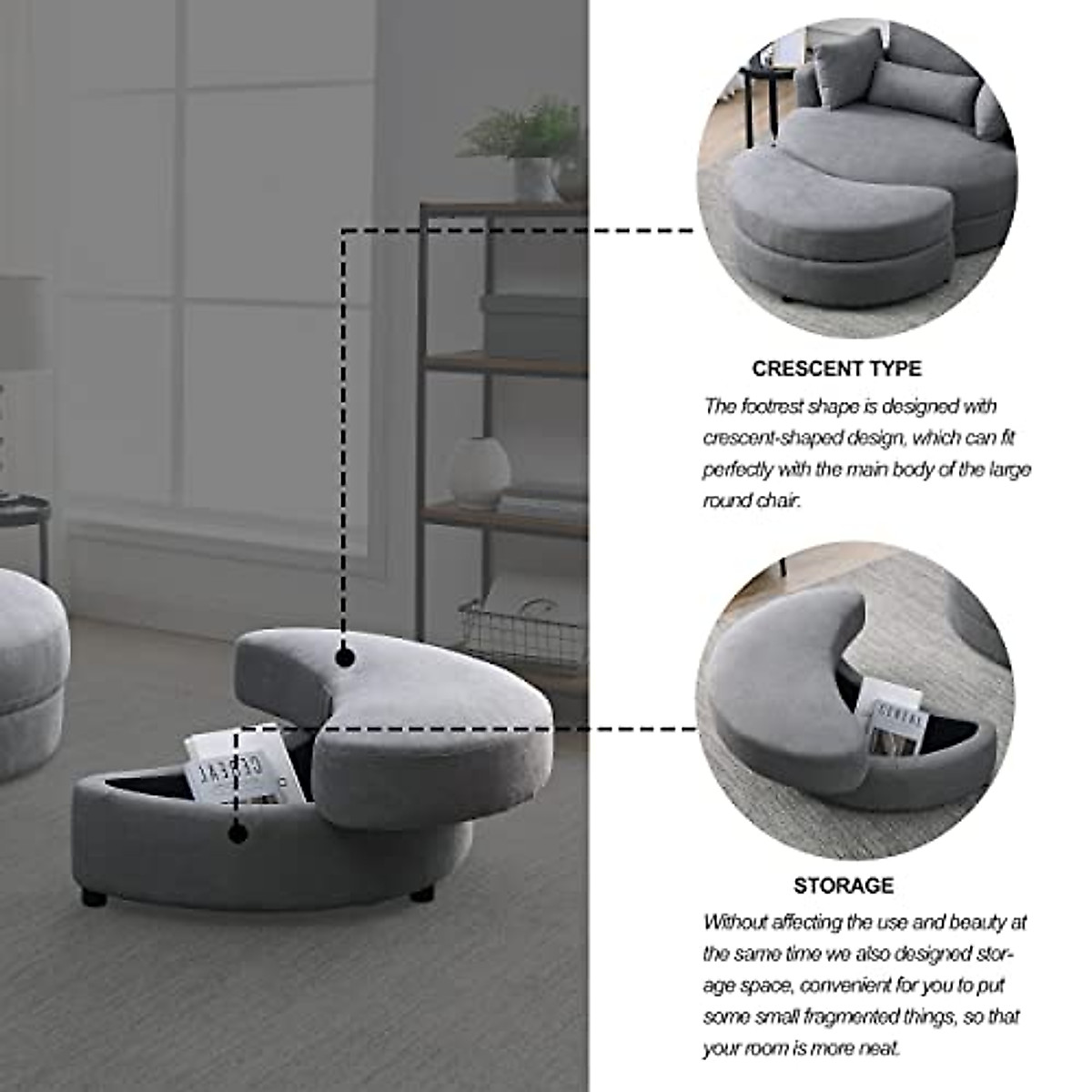 FULife Oversized Swivel Accent Barrel Chair with Storage Ottoman+4 Pillows,Comfy Upholstered 360 Recliner Sofa Club Chaise Leisure Round Loveseat Lounge Armchair for Living Room/Hotel/Nursery