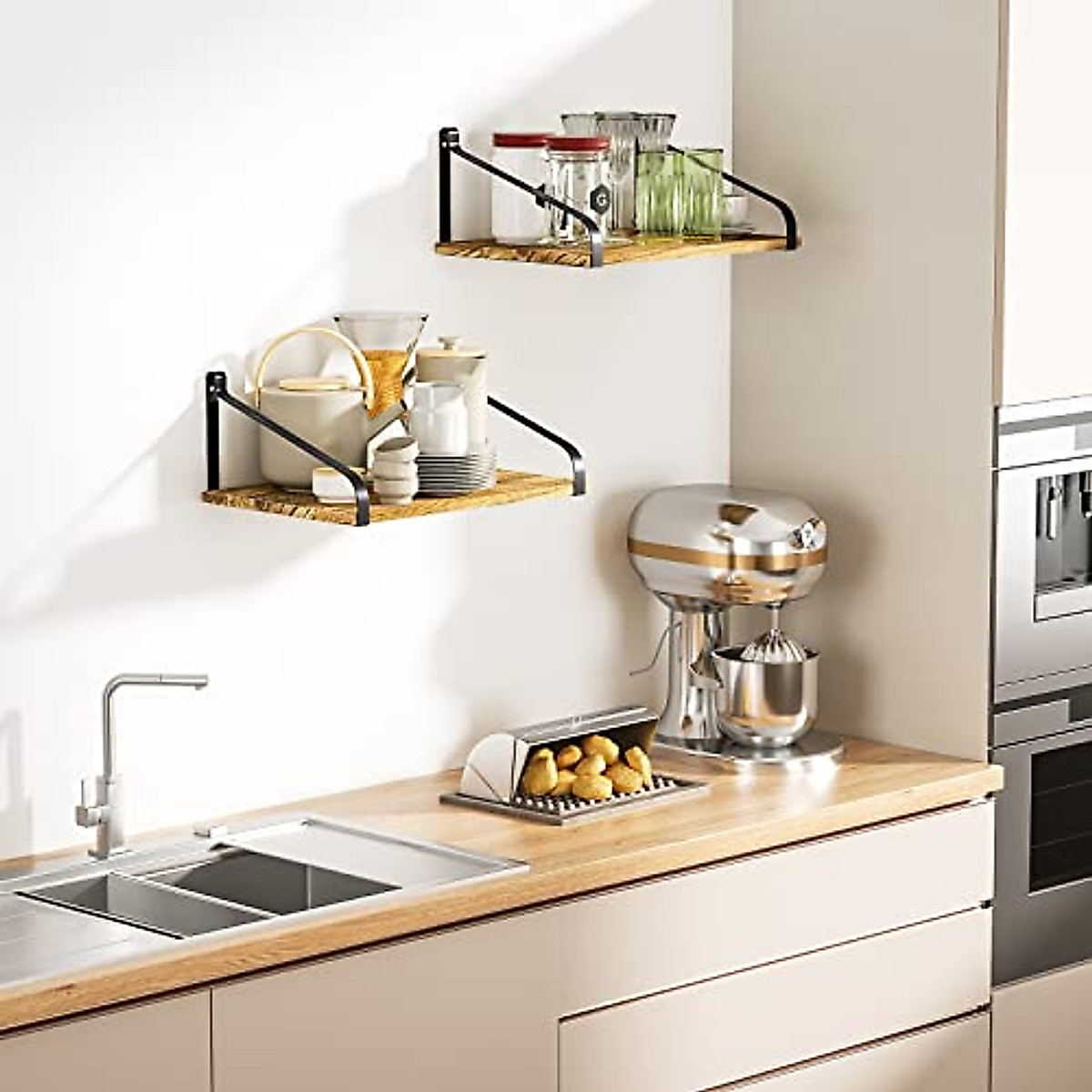 Love-KANKEI Floating Shelves Wall Mount Rustic Wood Wall Shelves with Large Storage L16.5 x W12 inch for Kitchen Living Room Bathroom Bedroom Set of 2 Carbonized Black