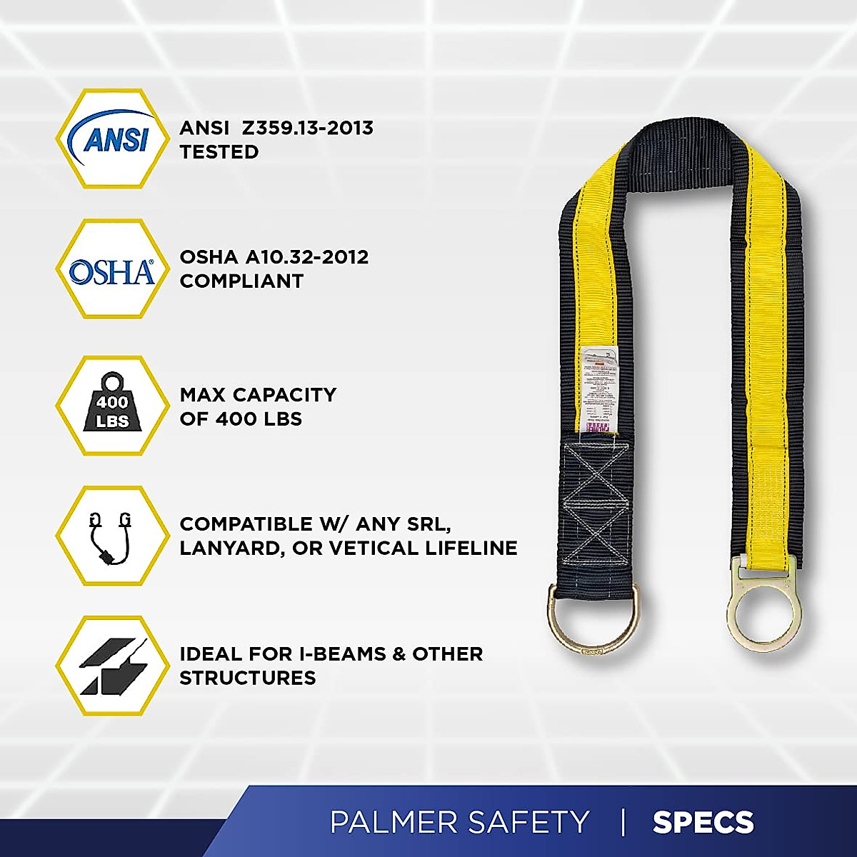 Palmer Safety Fall Protection Safety 4' Cross Arm Strap I 3” Wide Pass-through with Large D-Ring and Small D-Ring I ANSI OSHA Anchorage Sling Compliant Fall Arrest System