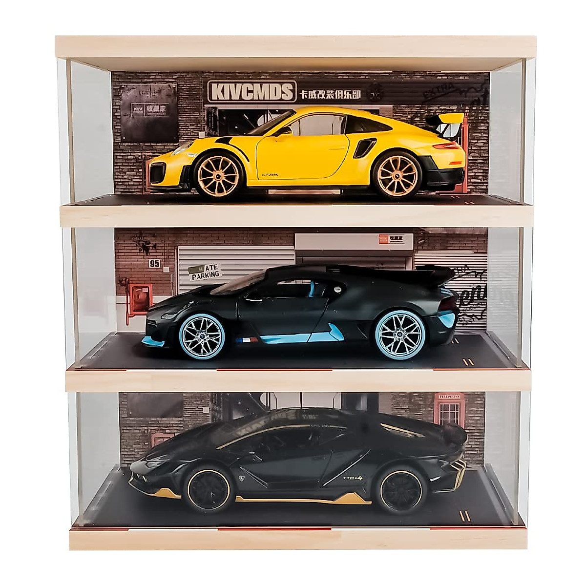 kivcmds 1:24 Scale 3-Tiers Vehicle Model Display Case with Parking Lot Scene for Sports Car Model and Lego Collectors, Display Stand for Alloy Car Model Toy (3-Tiers Auto Repair Store Scene)