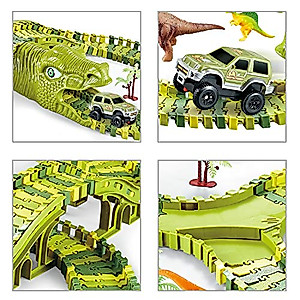 Dinosaur Toys, 260 Pcs Dinosaur Car Race Track Toy with 3 Cars Playset, Includes 250 Flexible Train Track, 7 Dinosaur and 2 Dinosaur Head Best Gift for Boys Girls Ages 3 4 5 6 7Years Old and Up