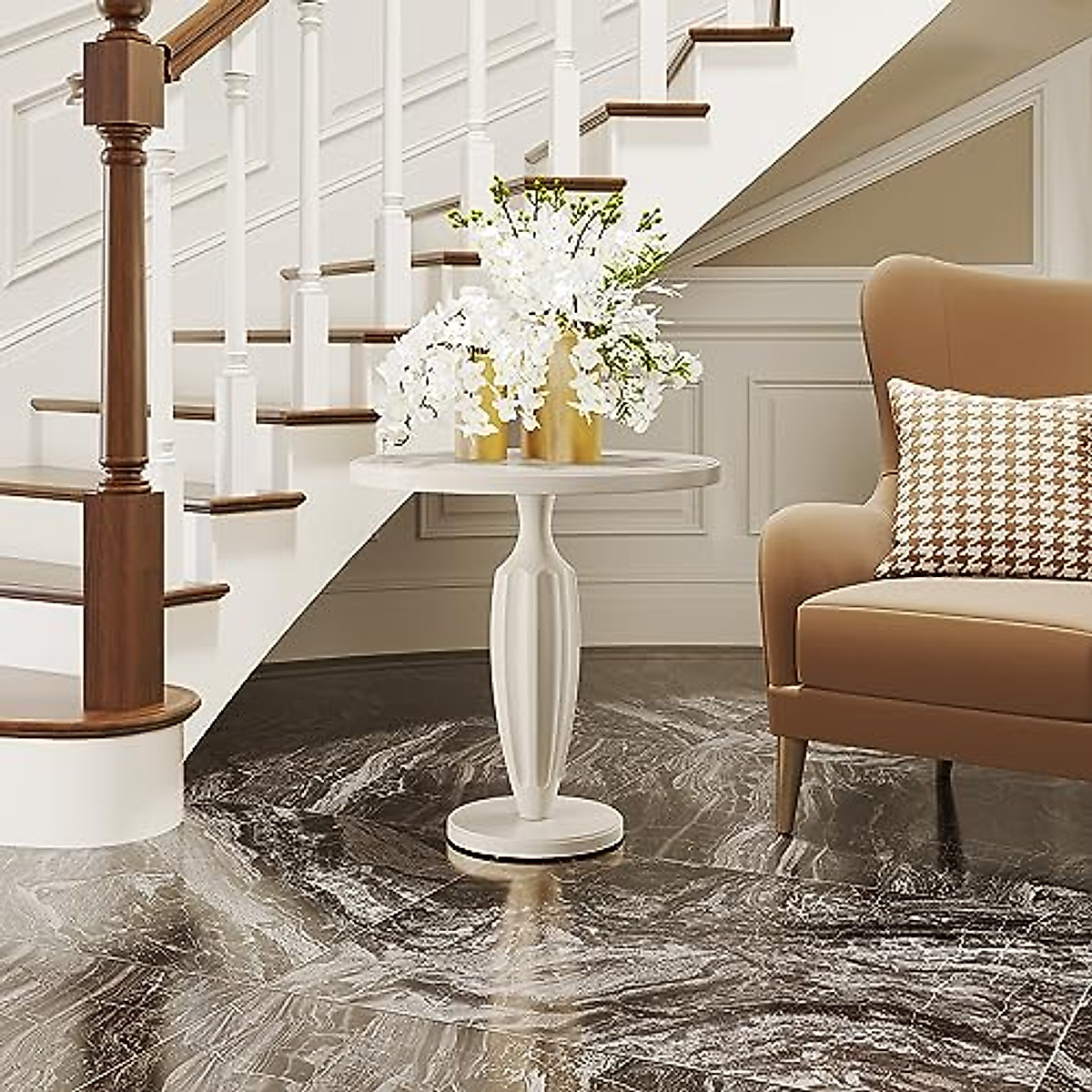 Tribesigns Modern Pedestal Side Table, Small Round Off-White End Table, Wood Sofa Side Table, Ivory White Accent Table for Living Room, Every Corner, Small Nightstand for Bedroom