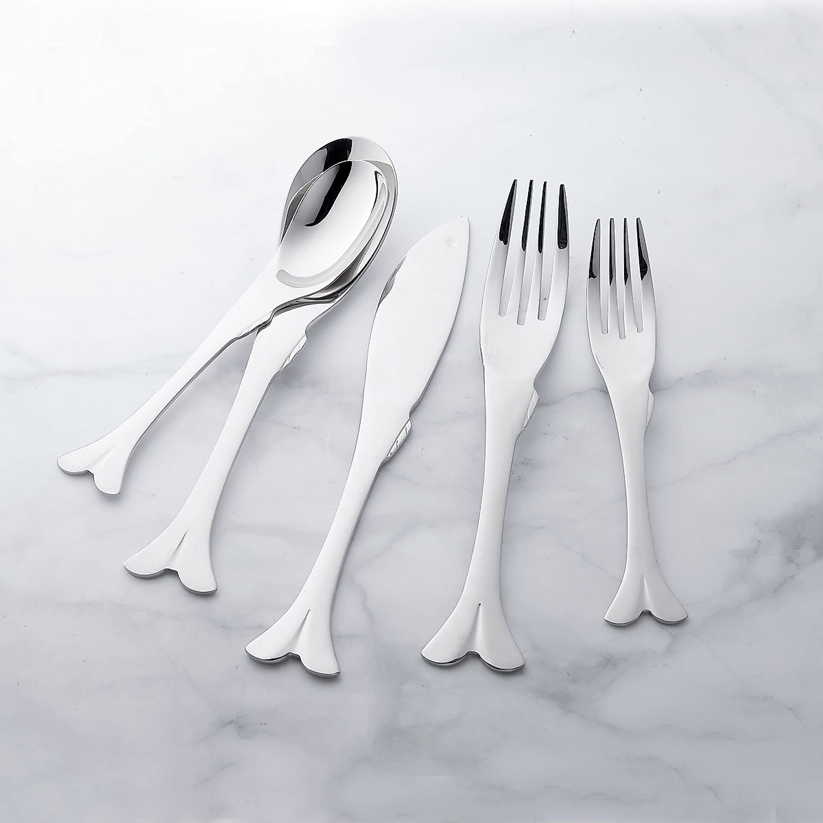 UPware 20-Piece Fish Shaped Flatware Set, 18/8 Stainless Steel Silverware Cutlery Set, Service for 4, Mirror Polished, Dishwasher Safe (Fish)