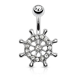 Pierced Owl 14GA Stainless Steel CZ Crystal Paved Nautical Ship Yacht Wheel Belly Button Ring (Clear)
