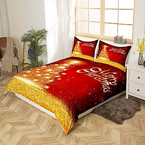 Manfei Christmas Tree Duvet Cover Set Queen Size Gold Sparkle Comforter Cover Merry Christmas Bedding Set 3pcs for Kids Boys Girls Room Decor Western New Year Theme Bedspread Cover with 2 Pillowcases