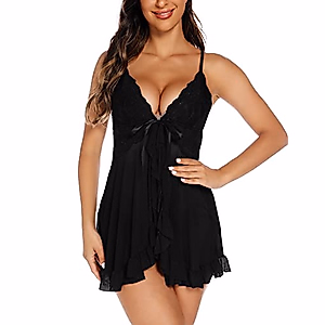 Queenfox Lingerie for Women Front Closure Babydoll Lace Chemise V Neck Ruffle Nightgown Sleepwear Black