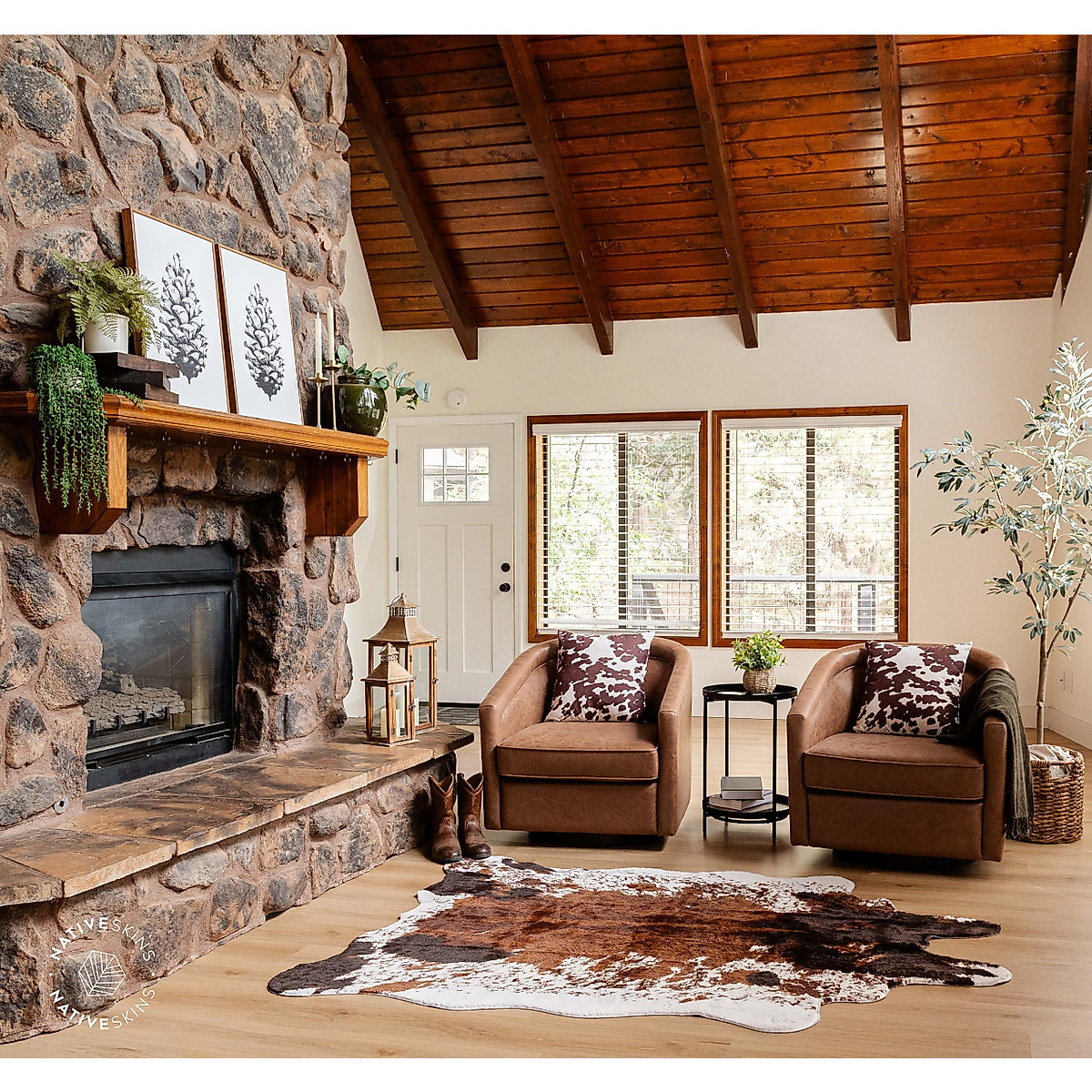 NativeSkins Faux Cowhide Rug – Earthy Browns (Oversized) | 6.2ft x 8.2ft | Triple-Layer Support | Ultra-Soft Pile | Hand-Cut, Faux Suede No-Slip Backing | Western Rug | Cow Hide Animal Print Rug