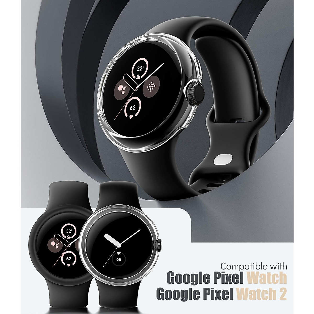 Seltureone 4 Packs for Google Pixel Watch 2 /Pixel Watch Case Anti-Scratch and Anti-Vibration Hard PC All-Around Protective Case[No Screen Protector Included],Clear Clear Black Sliver