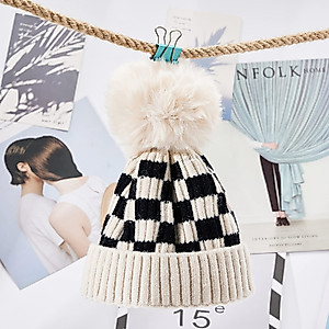 vchoohce Toddler Kids Baby Beanie Hat Knitted Thick Winter Caps Cute Checkerboard Pompom Hats for Girls Boys 1-4 Years Old (Plaid-White,1-4 Years)