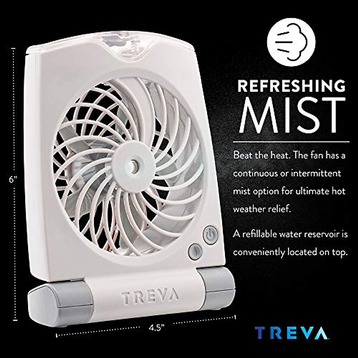 Treva 3-Speed Continuous Mister Fan – 3.5 Inch Personal Misting Fan with Intermittent or Constant Cooling Water Mist Sprayer - USB Rechargeable Battery - Portable for Travel, Camping, Beach, Desk