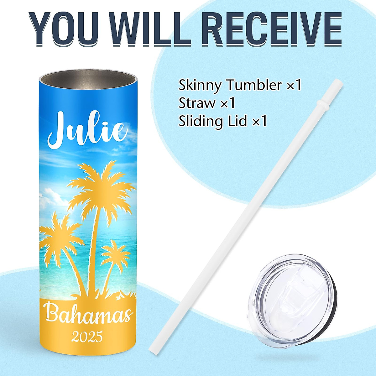 Personalized Tumbler with Name, Custom Beach Vacation Tumblers for Family Friends, Girls Weekend Gifts, 2025 Girls Trip Skinny Tumbler with Lid and Straw, Cruise Trip Gifts, Family Vacation Cups