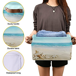 FZDXZJJ Beach Starfish Storage Basket Bins, Ocean Seashell Decorative Baskets Storage Box Collapsible Storage Cubes Organizer with Handles for Nursery Shelf Closet Office Home Bedroom, 2 Pack