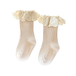 N / D Newborn Toddler Kids Baby Girls Infant High Knee Knitted Socks Cute Ruffle Lace Long Stockings Fall Winter (Beige White, 0-1 Years)