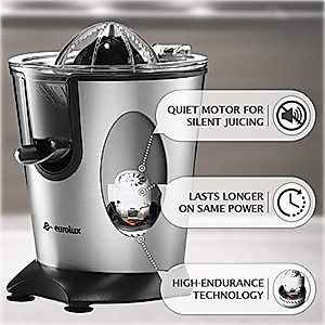 Eurolux Electric Citrus Juicer Squeezer, for Orange, Lemon, Grapefruit, With 160 Watts of Power, Brushed Stainless Steel