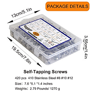 Self Tapping Screws with Rubber Washer,420 PCS Self Drilling Screws for Metal 410 Stainless Steel Sheet Metal Screws #8#10#12-1/2" to 2" Available, Wafer Head TEK Head Screws for Building and Repair