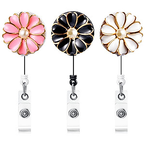 Qinsuee Retractable Badge Holder with Alligator Clip, 24 inch Retractable Cord, ID Badge Reel with Pearl, 3 Pack (Multiple)